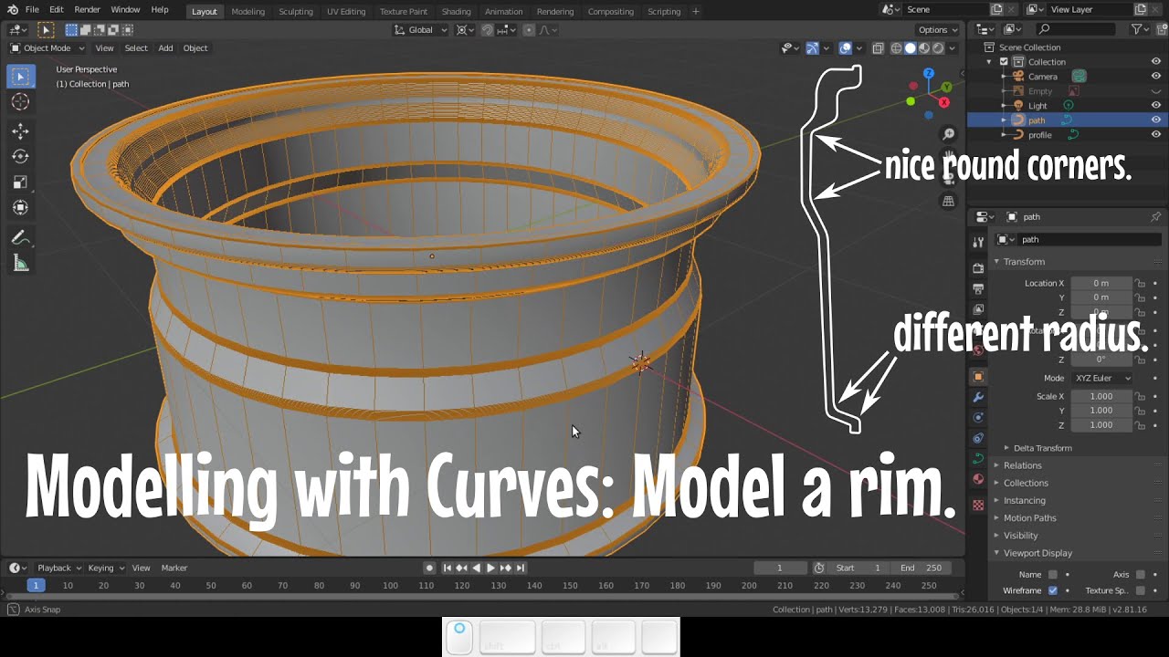 Blender 2.82: Modelling with Curves: How to model a Rim - YouTube