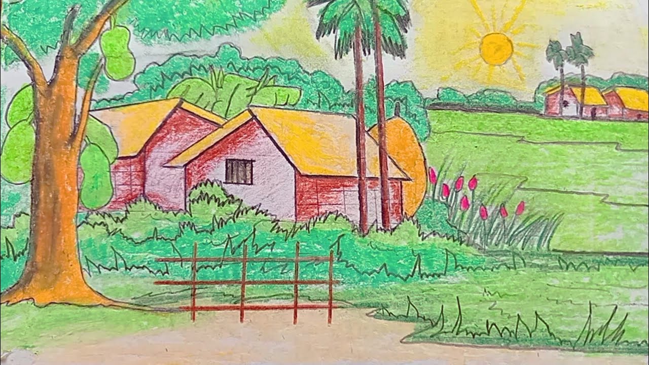 Beautiful village landscape scenery/How to draw summer season village ...