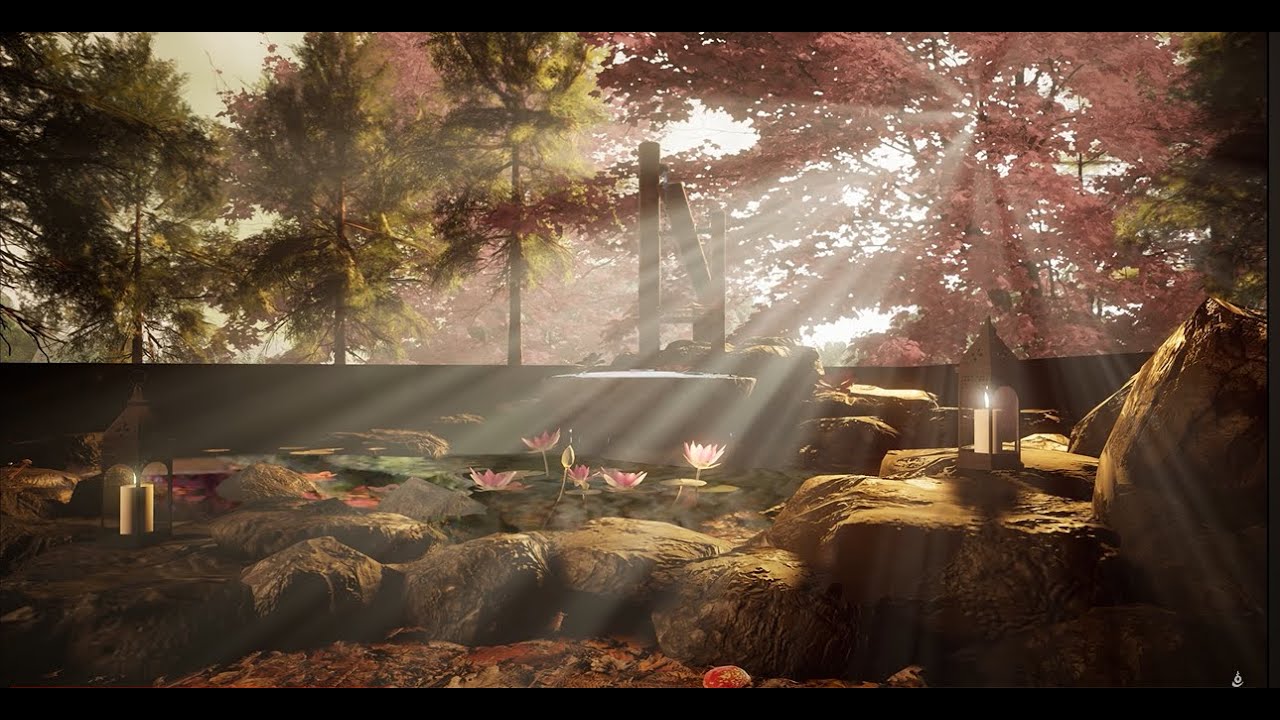 Cozy ambiance Fontaine with lotus and fireflies in the forest /Relax ...