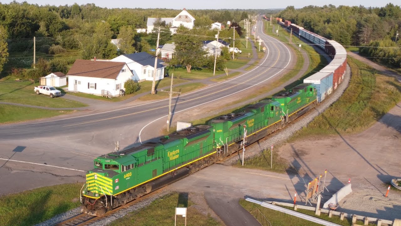 Awesome Aerial 4K View! Three Big Greens Lead a Very Long Stack Train ...
