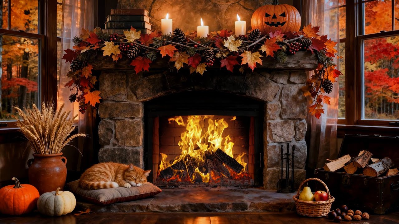Autumn Fireplace Ambience 12H🍂 Cozy Crackling Fire for Relaxation ...
