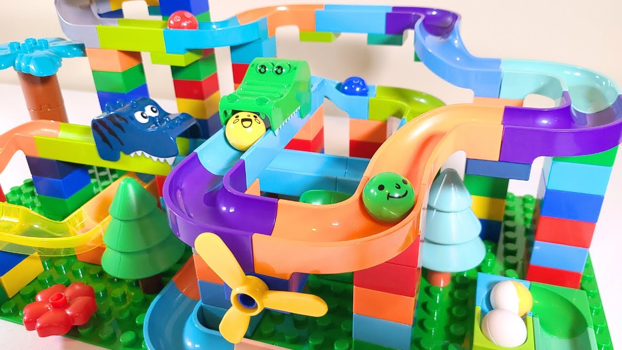 Marble Run Block Coaster Dino Bridge & Curvy Slopes Course Satisfying ...