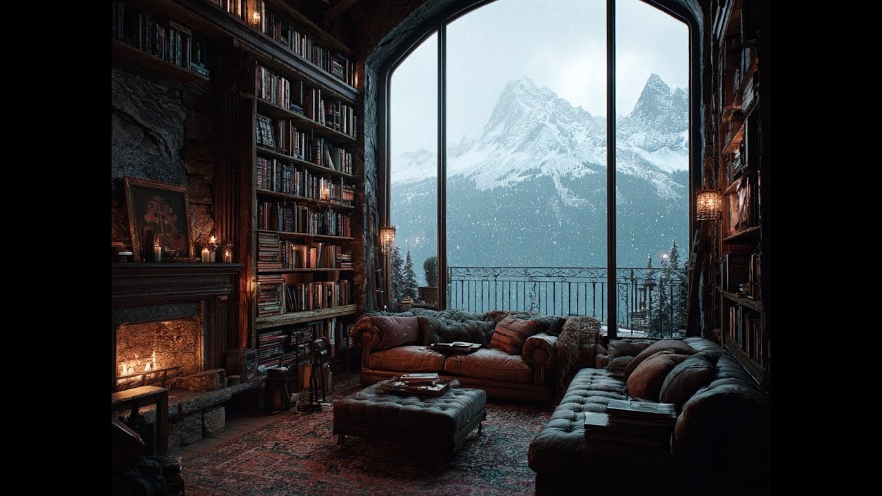 Cozy Winter Library Ambience ️ Fireplace & Snow | Relax, Read, Sleep ...