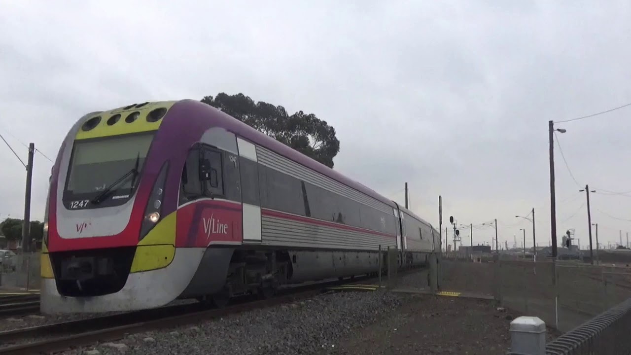 V/line Train at North Shore station level crossing - YouTube