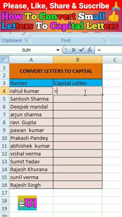 Convert to uppercase in excel | Small letter to capital letter | Excel ...