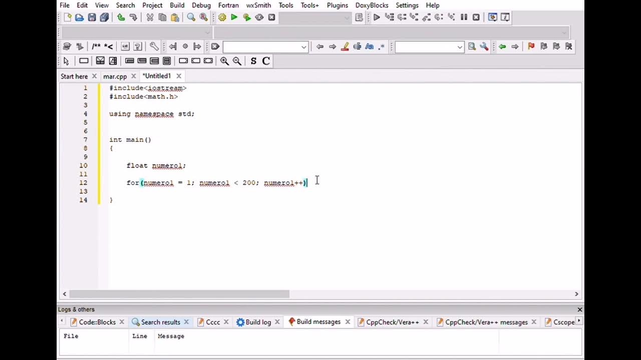 Lenguaje C++ ciclo "for" raíz cuadrada de 1 a 199. Code::Blocks - YouTube
