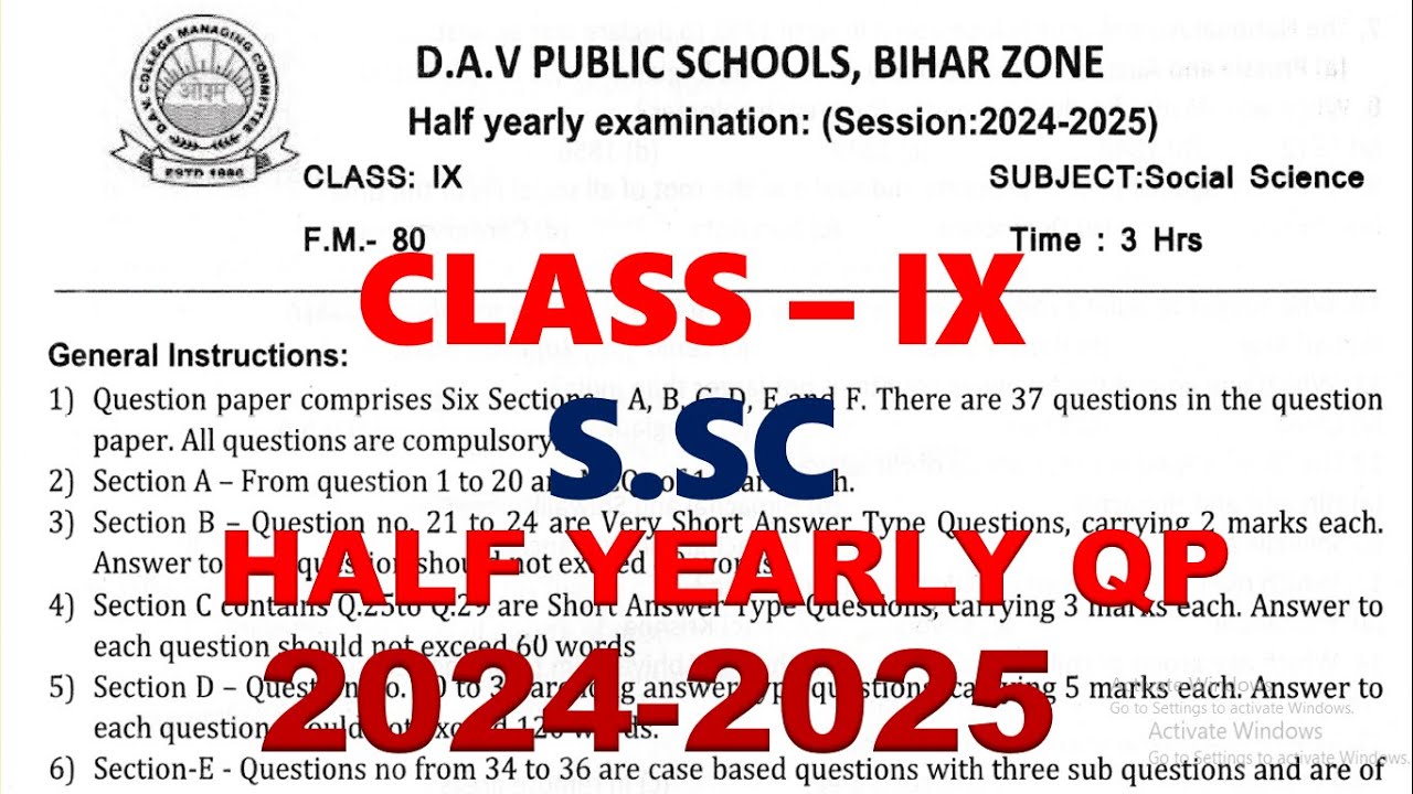 DAV CLASS 9 S.SC HALF YEARLY QUESTION PAPER | QUESTION PAPER | PREVIOUS ...