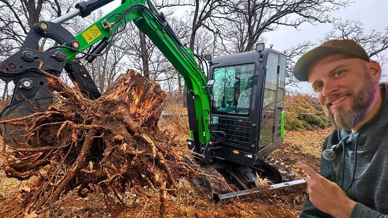 Digging Out a Big Stump with a Chinese Mini Excavator - YouTube