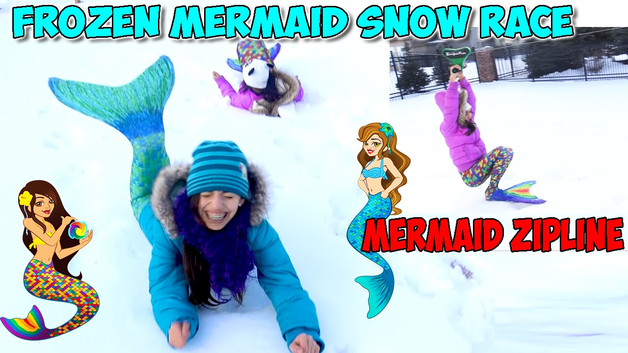MERMAID Frozen Snow Race | Mermaid Zipline | Extreme Winter Mermaid ...