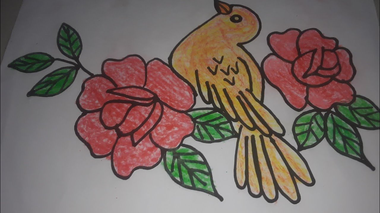 How to draw and color a rose flower bird // Rose flower bird coloring ...