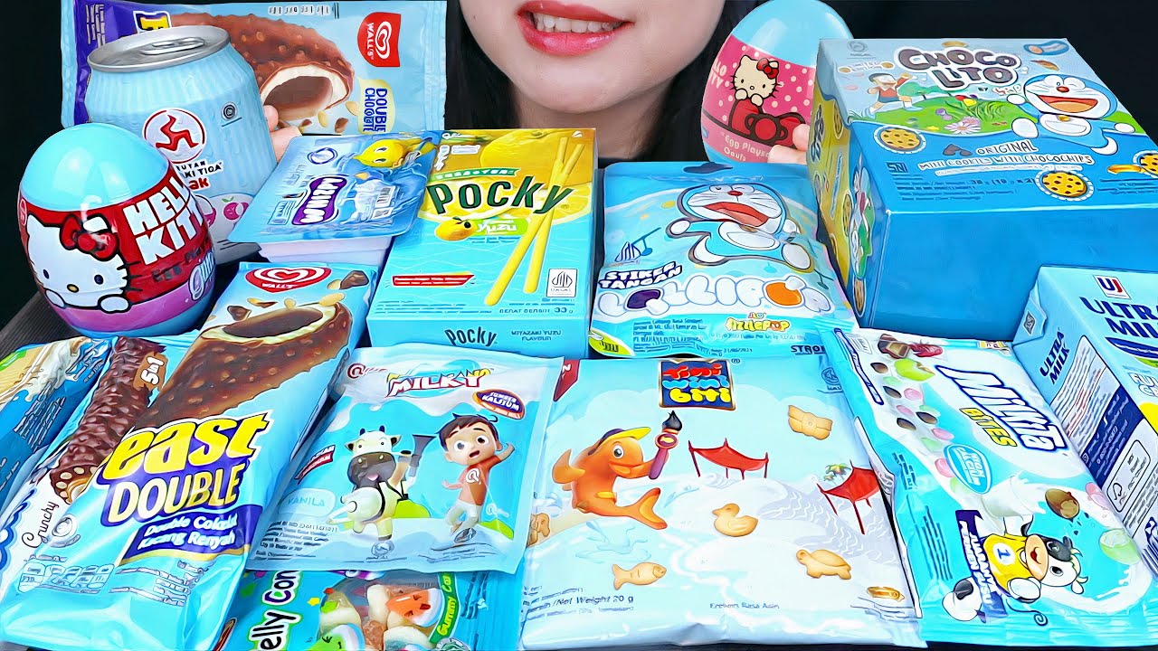 ASMR BLUE CONVENIENCE STORE FOOD 💙 ULTRA MILK, DORAEMON LOLLIPOP, FEAST ...