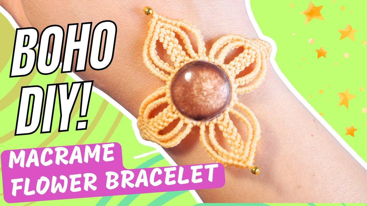 How to make macrame bracelets: macrame flower bracelet tutorial [PATTERN with GROOVED CABOCHON ...
