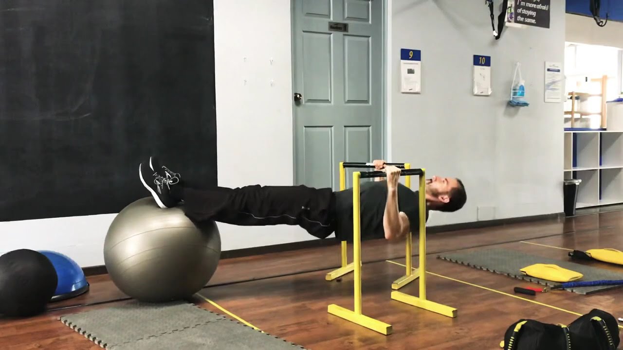 Supine pullups over bosu - YouTube
