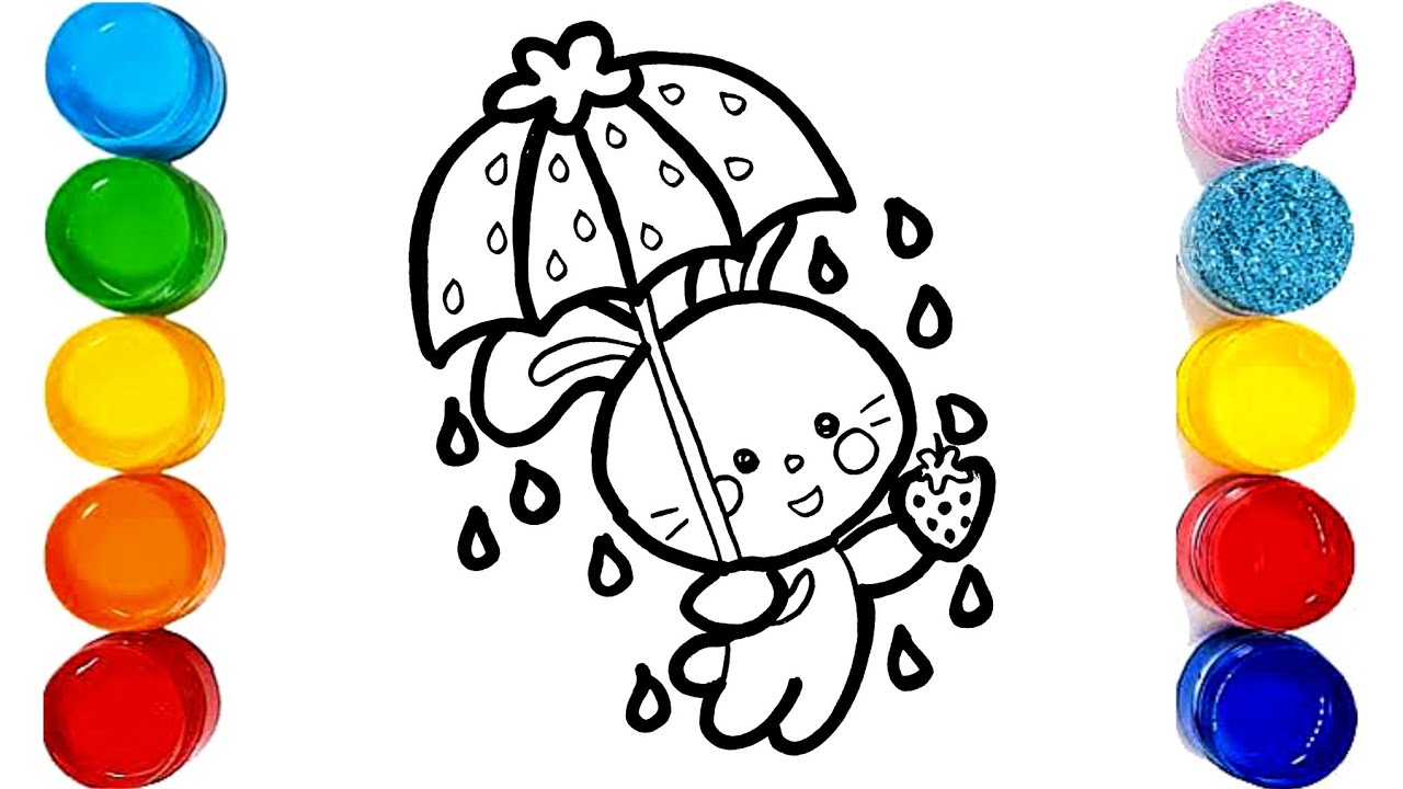 How to Draw A Bunny with an Umbrella and Strawberries | Step by Step ...