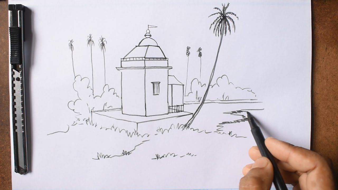 Quick Line Drawing with Sketch Pen: Landscape with Temple | Step-by ...