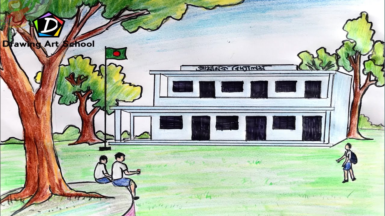 How to draw school scene step by step | Very easy | drawing art school ...