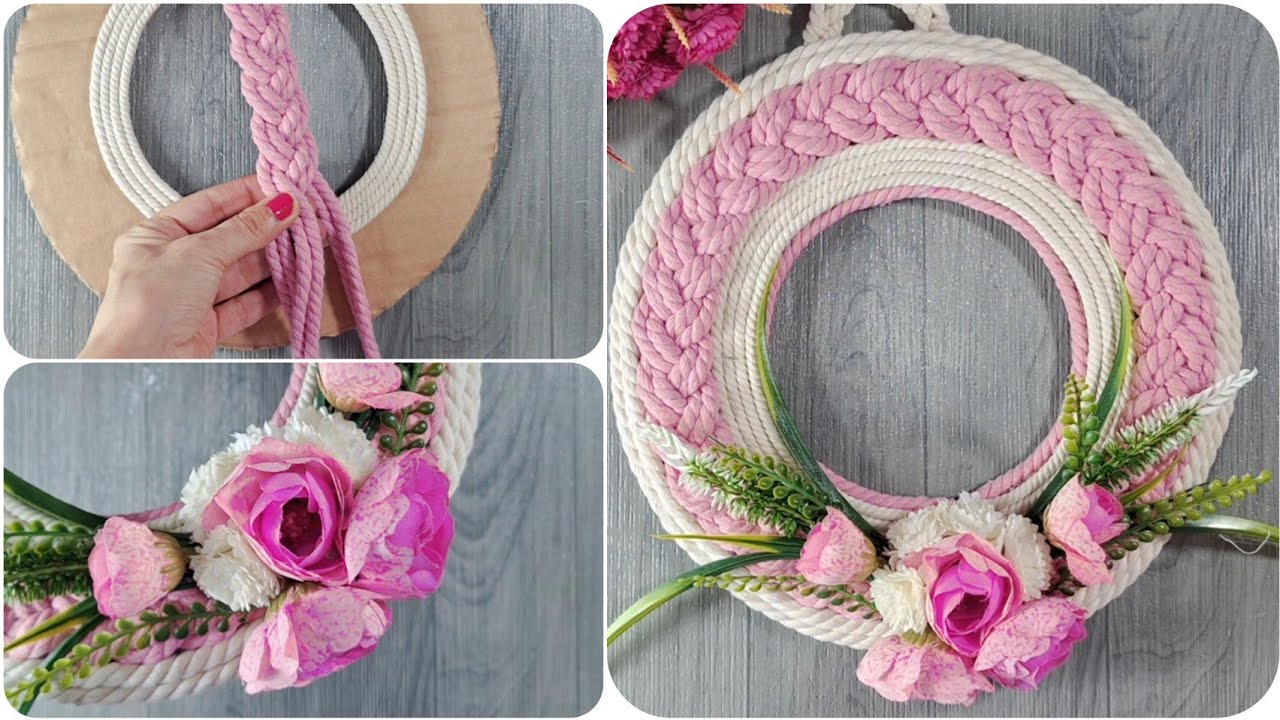I made a wreath from cardboard, macrame rope and artificial flowers ...