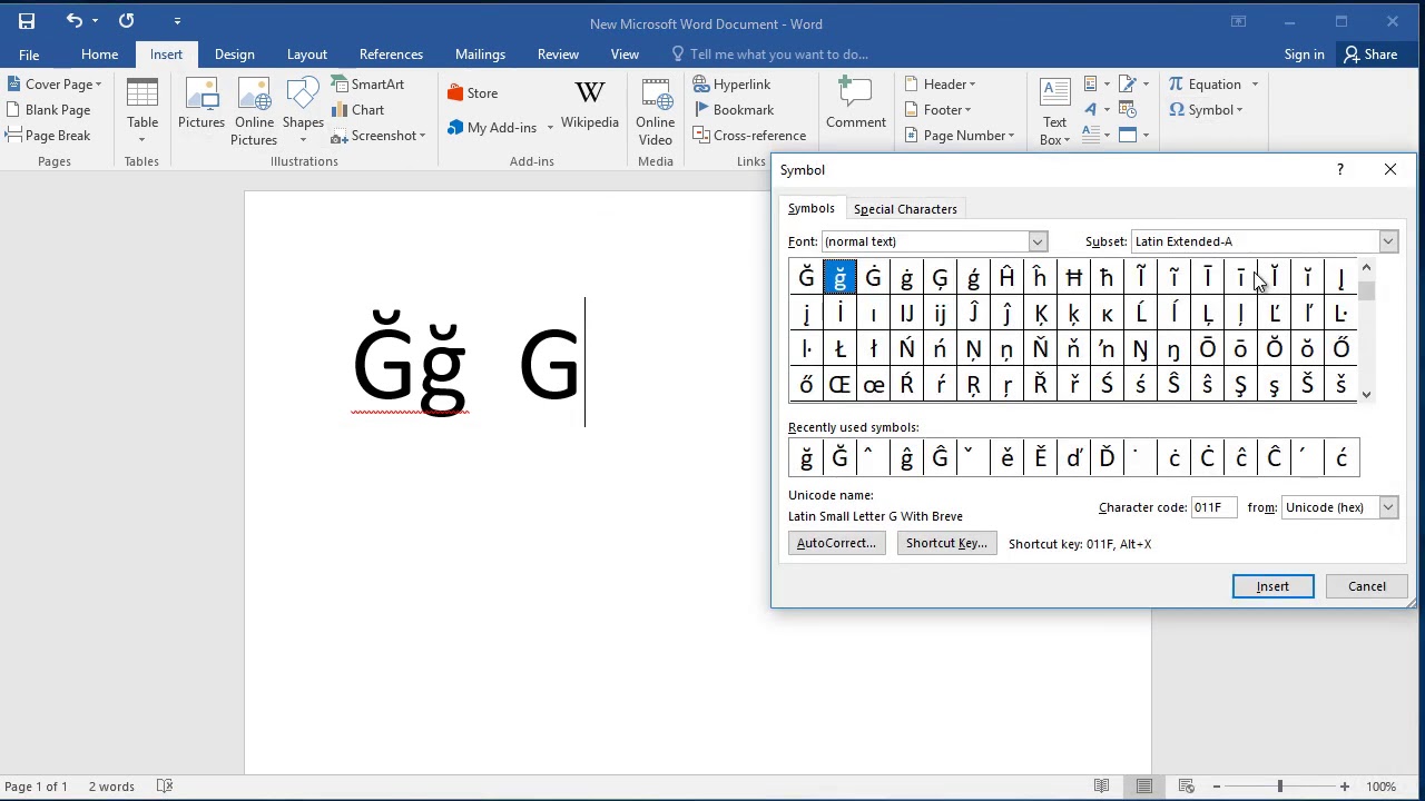 How to type letter G with Breve Accent In Word - YouTube