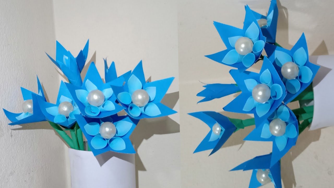 how to make sky blue color paper flowers - YouTube
