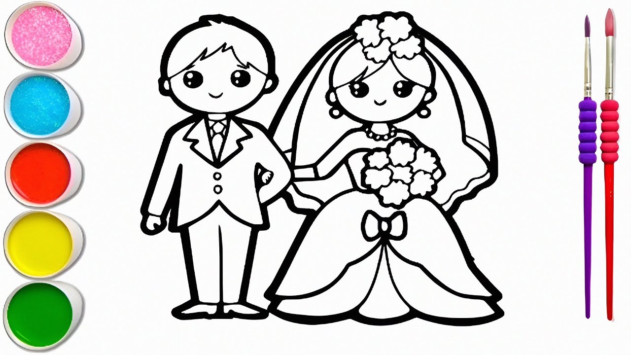 Cute Bride & Groom Drawing, Painting Colouring For Kids Toddlers | How ...