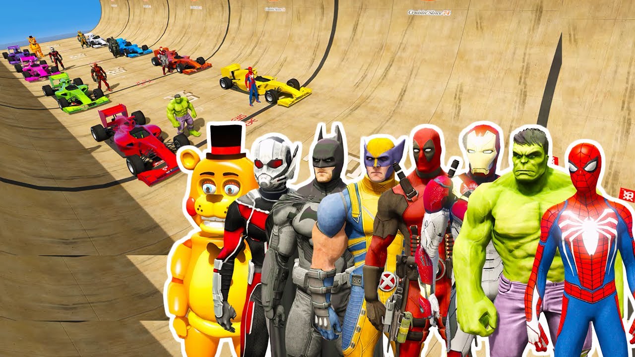 Spiderman, hulk, batman and superheros F1 racing car wall-riding ...