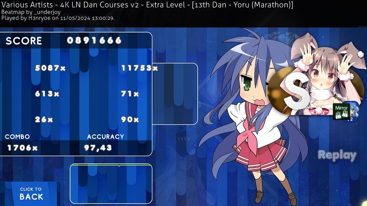 H3nry06 | 4K LN Dan Courses v2 - Extra Level - [4K] 13th Dan - Yoru (Marathon) 8.09* | 97,43% ...