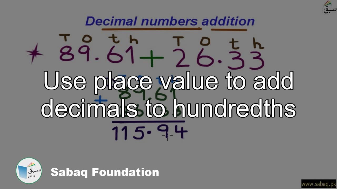 Use place value to add decimals to hundredths, Math Lecture | Sabaq.pk ...