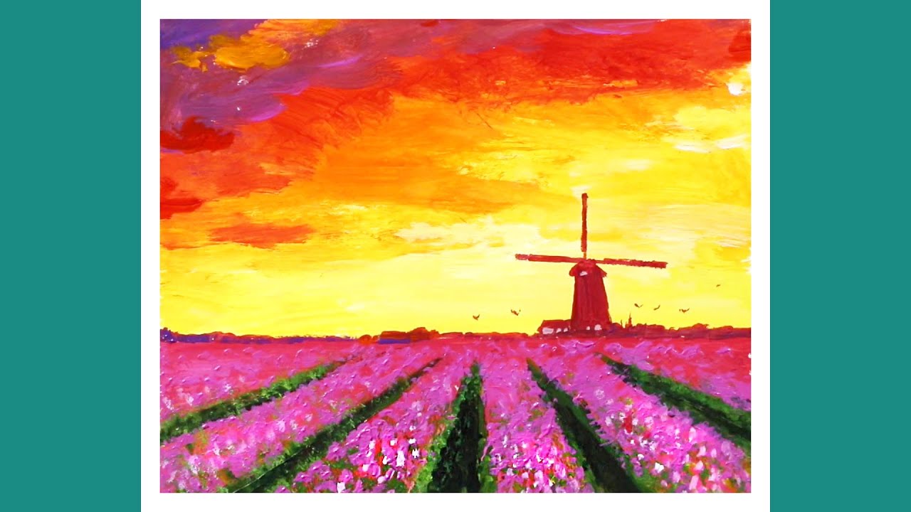 flower field at sunset |how to paint sunset | acrylic painting for ...