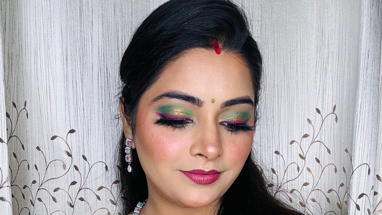 Teej makeup look/Green saree look/ pink liner/Makeuplook ...