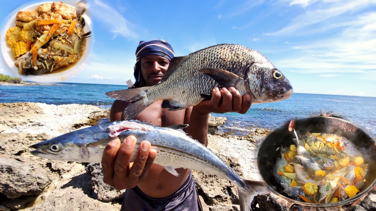 amazing fishing day in Jamaica catch clean and cook steamed fish with crackers and corn - YouTube