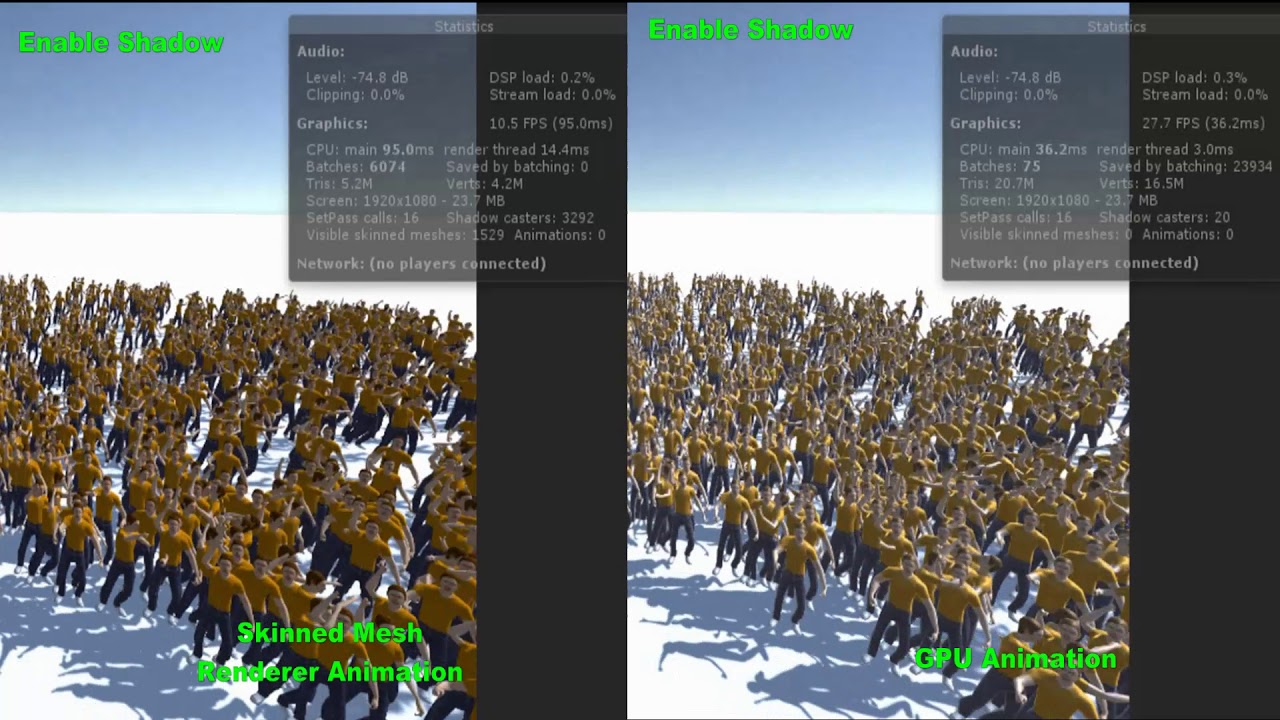 Unity3D GPU Animation Baker: Audience Compare (WithShadow) - YouTube