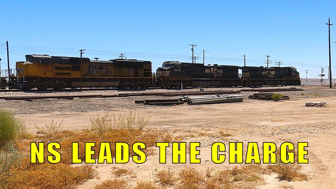 NS 9841 with UP Power Leads a Stack Train through Gila Bend AZ - YouTube