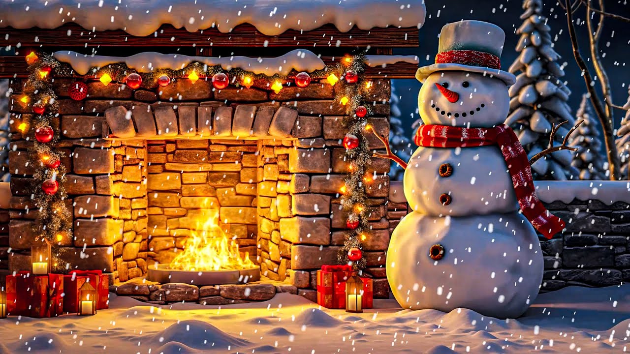 Christmas Fireplace in Winter Forest | Snowman and Sounds of Cozy ...