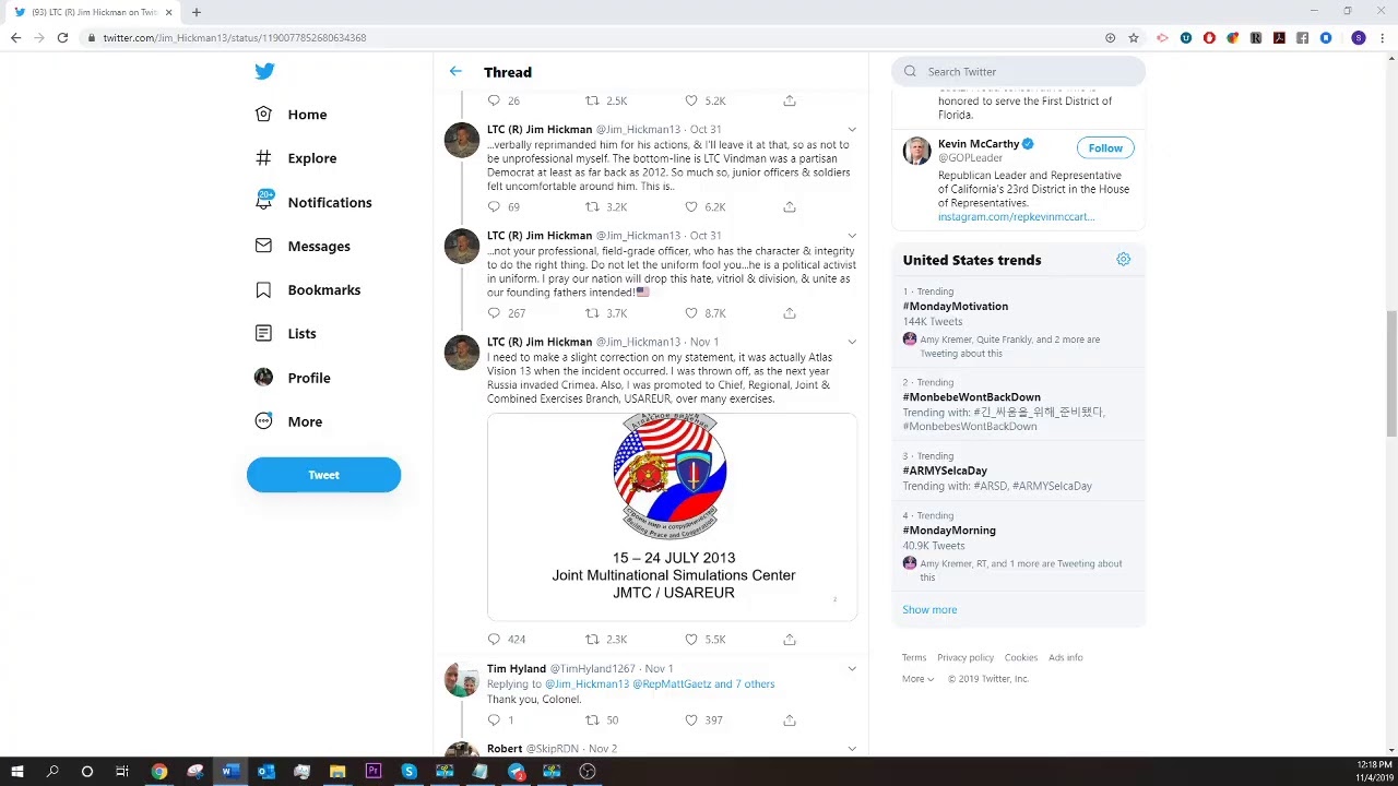 Statement from LTC (R) Jim Hickman on LTC Alex Vindman - YouTube