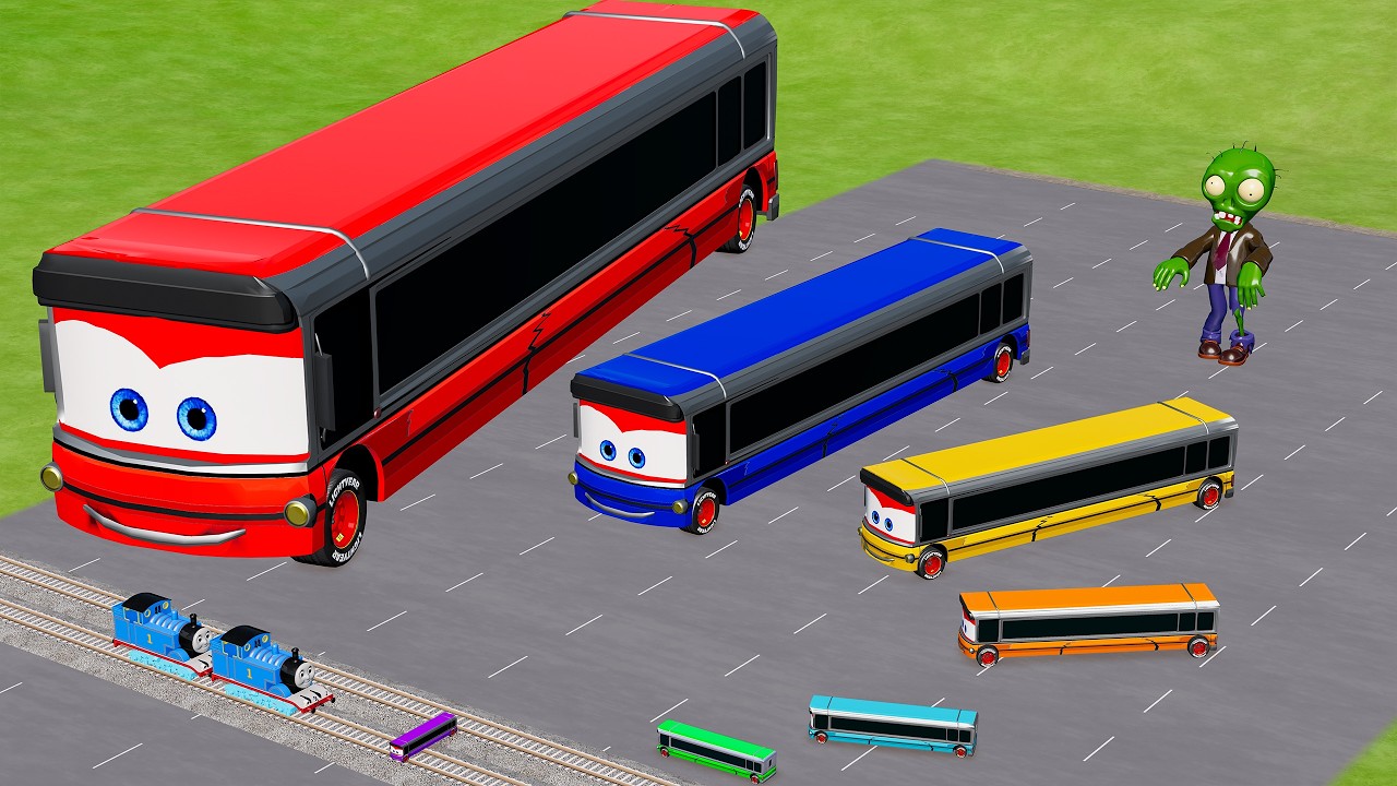 Big & Small Long Bus Lightning Mcqueen vs Train Thomas | BeamNG.Drive ...