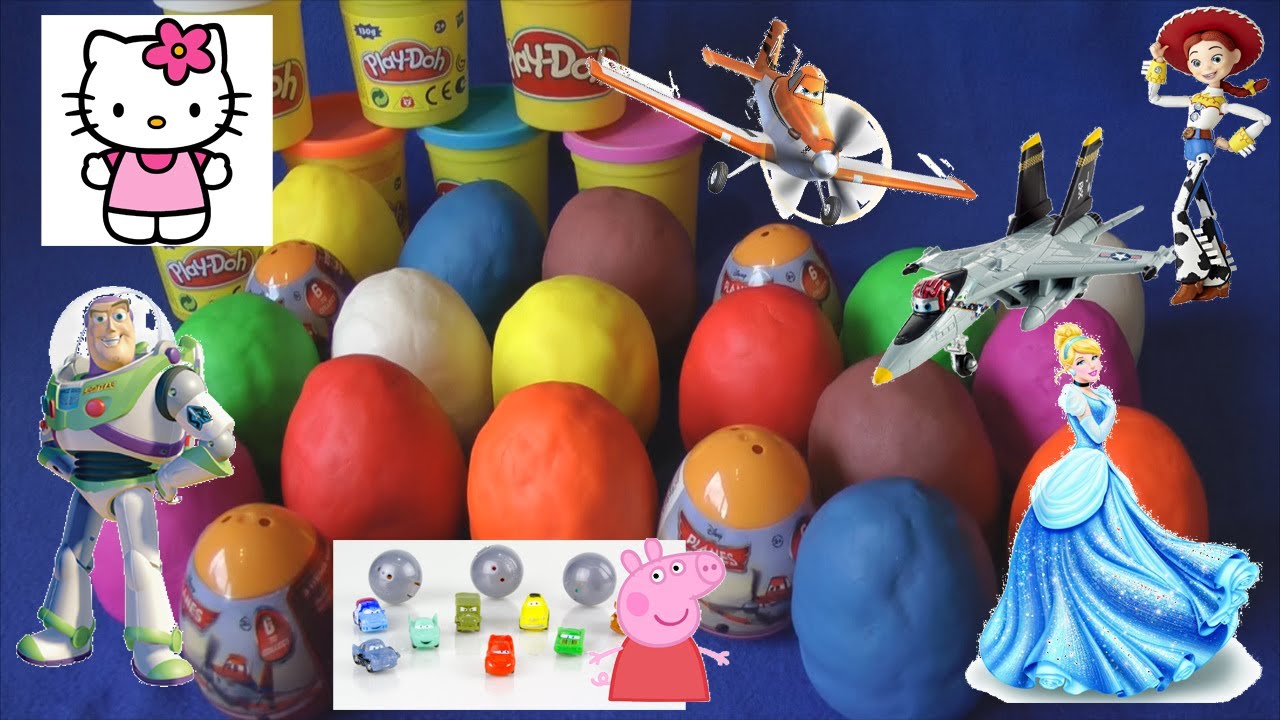 20 Surprise Eggs Playdough Buzz Lightyear Dusty Cinderella Jessie Hello ...