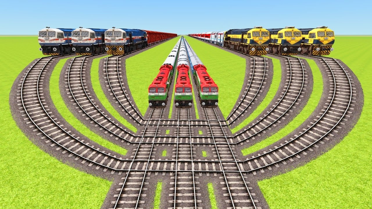 NINE TYPES OF TRAINS VS FACE TO FACE SWING SLIDES RAILROAD CROSSING ️ ...