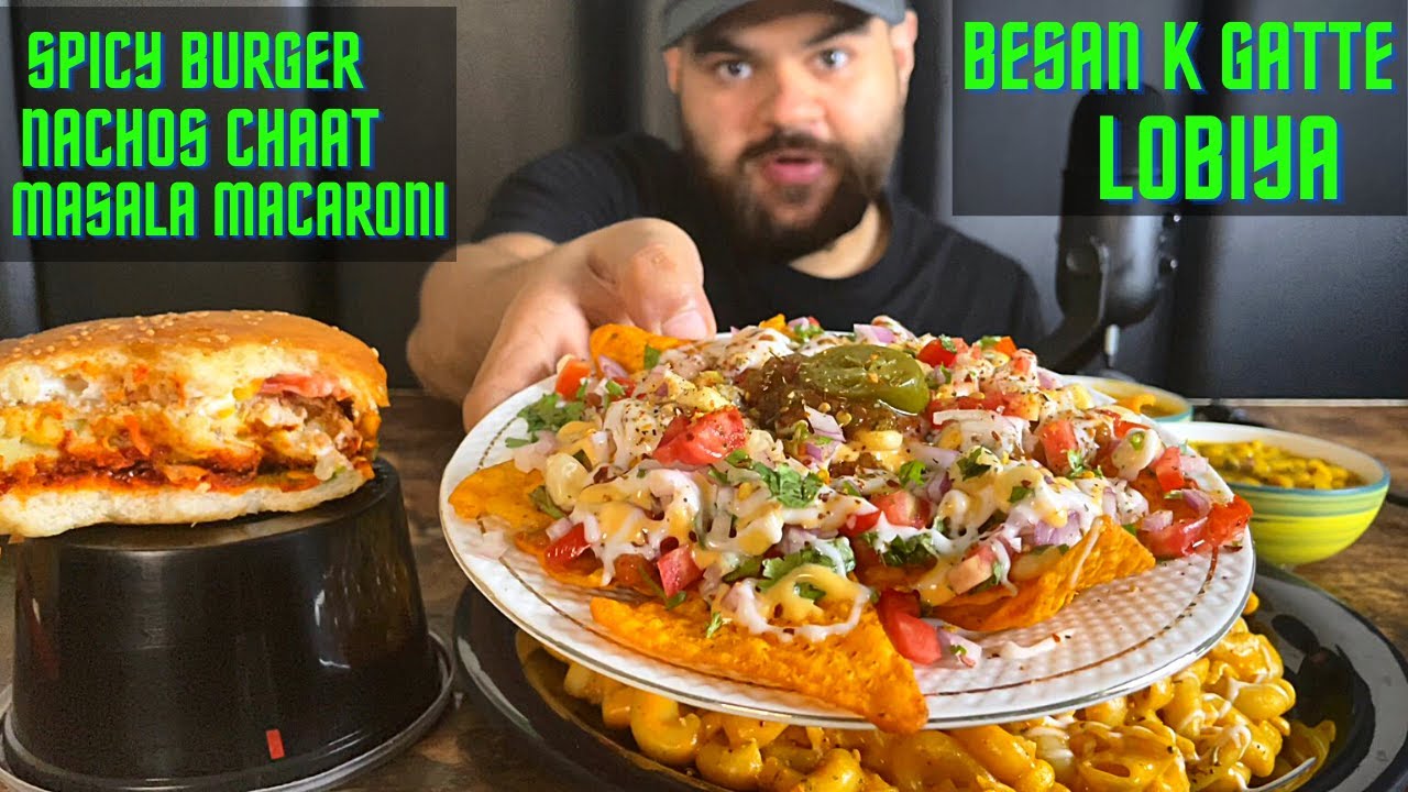EATING SCHEZWAN BURGER, NACHOS CHAAT, MASALA MACARONI, LOBIYA, GATTE KI ...