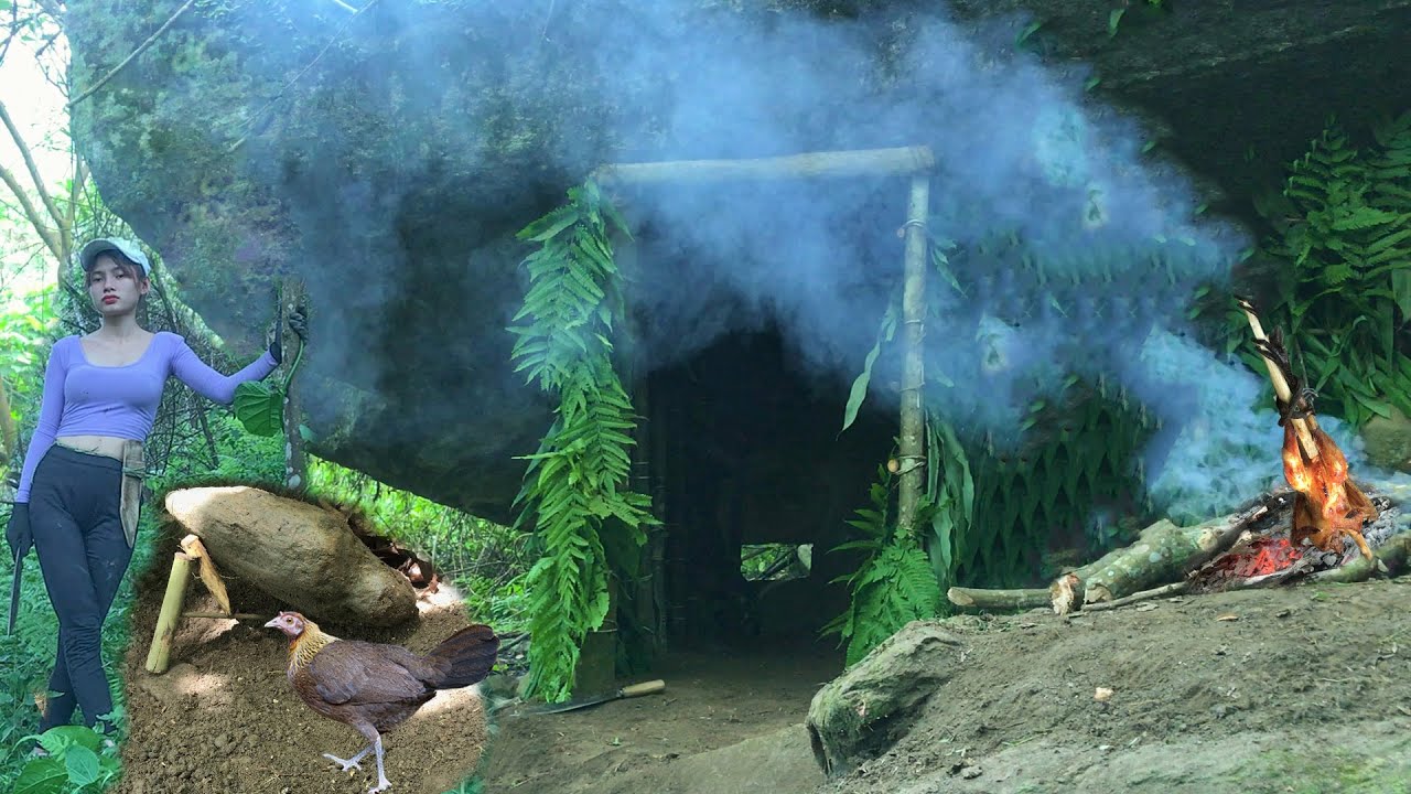 FULL:Build a survival shelter in a cave alone, with an exit door-Build ...