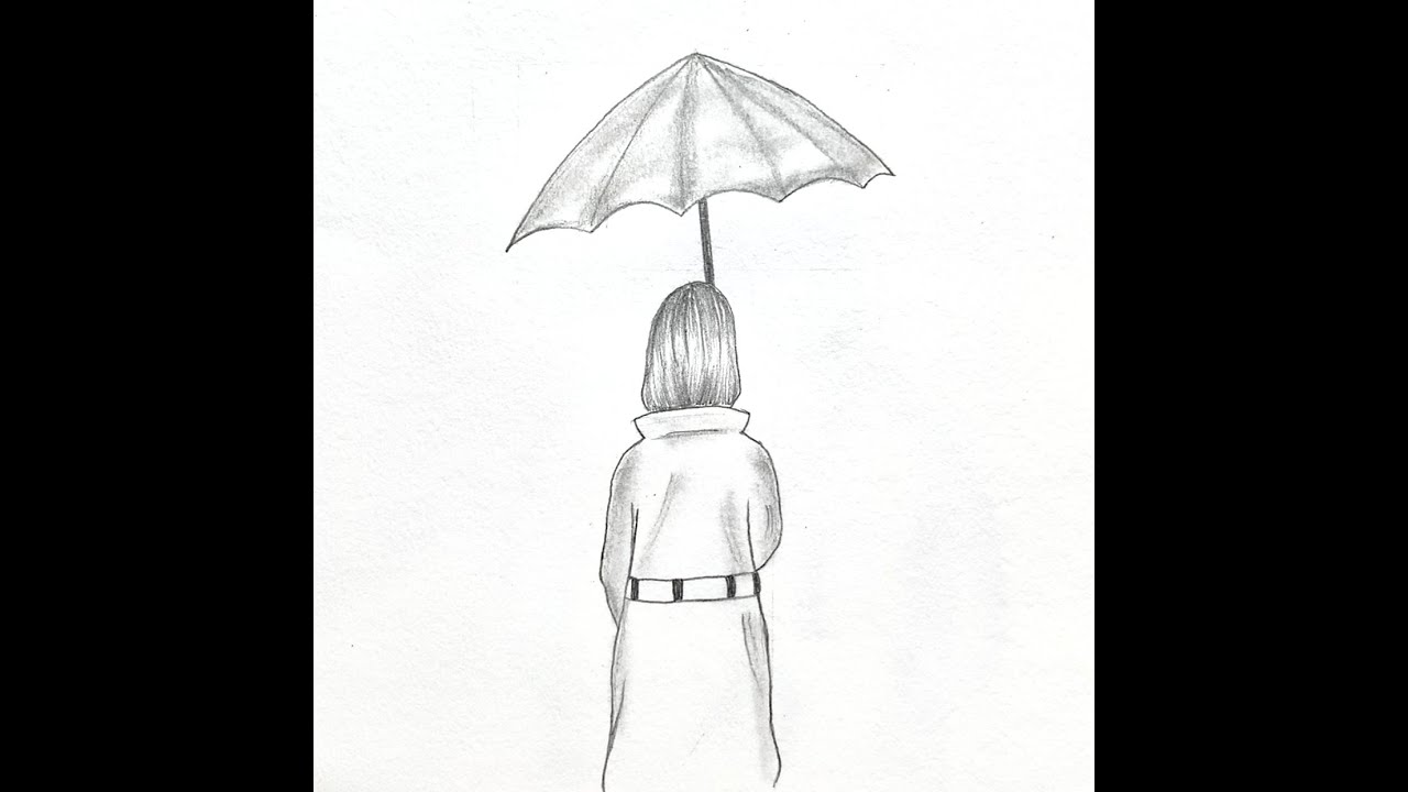 How To Draw A Girl Standing Alone In Rain With Umbrella | Beautifully ...