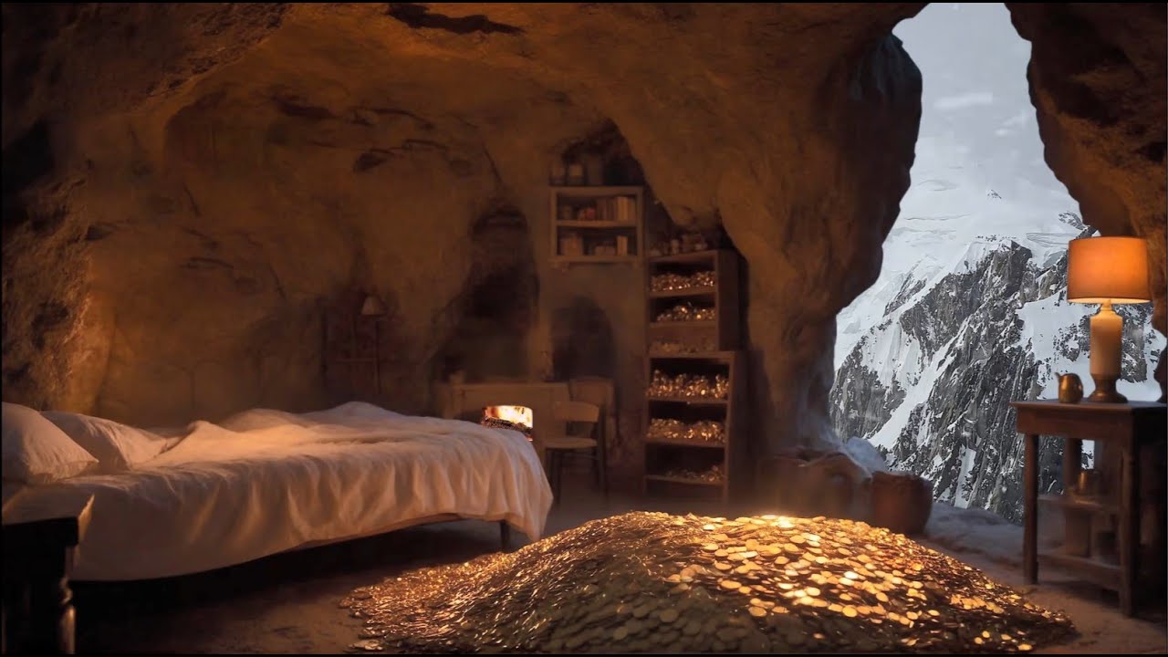 relax and fall asleep in a cave filled with treasures, snowfall sounds ...