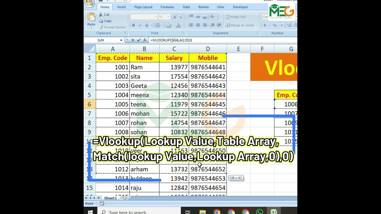 Vlookup With Match In Excel || Vlookup Easy Trick in Excel #MyExcelGuru #shorts #exceltutorial ...