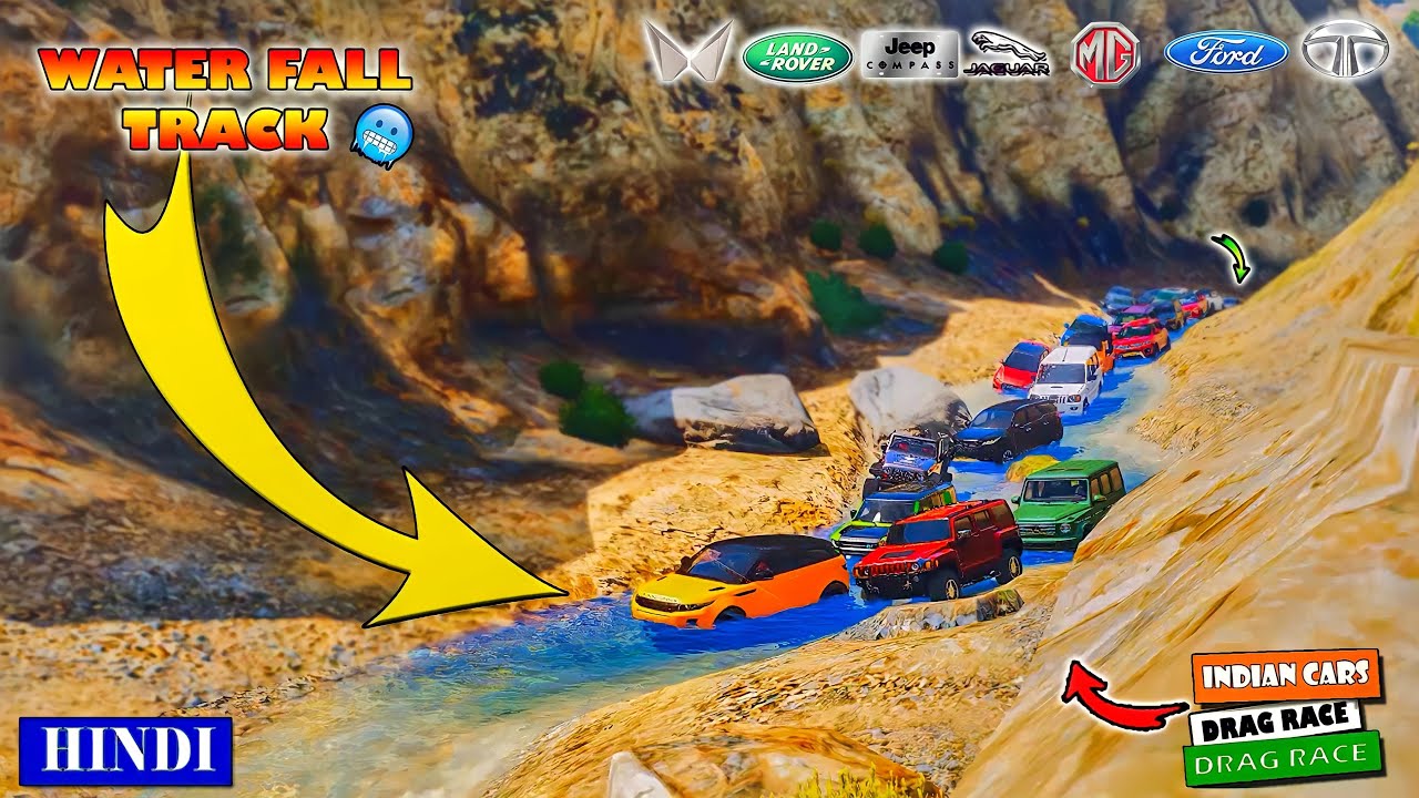 GTA 5:🔥All INDIAN CARS vs Impossible🌊WATERFALL OFFROAD TRACK DRAG RACE ...