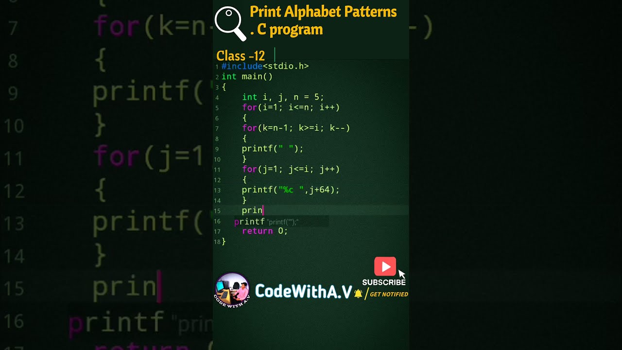 Print Alphabet Pattern In C Program clanguage cprogrammer YouTube Print Alphabet Pattern In C Program clanguage cprogrammer YouTube