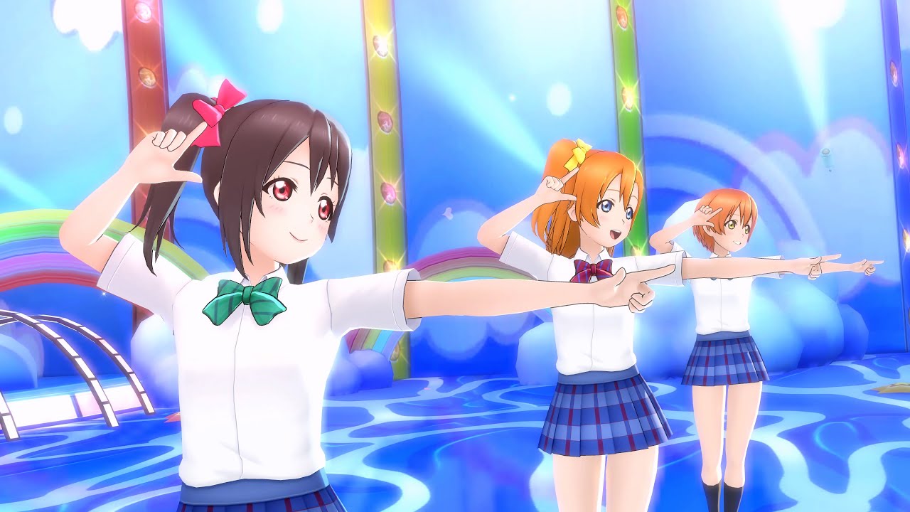 Kinmirai Happy End(Nico,Honoka,Rin,shorter skirt,no school vest,School Summer Uniform)[SIFAS MV ...
