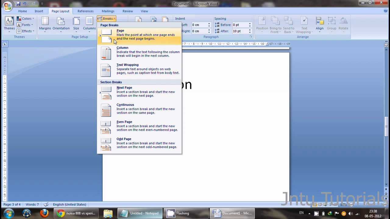Microsoft word 2007 Page Numbering from custom page - YouTube