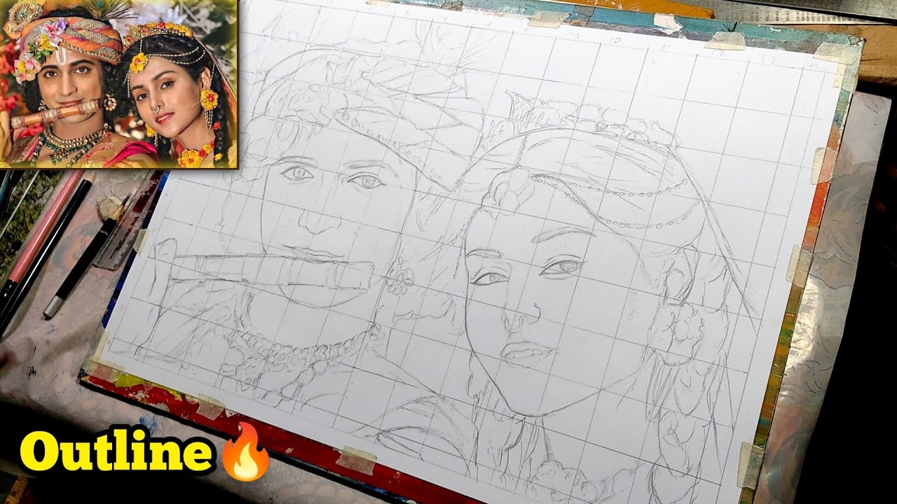 How to draw Radhakrishna Realistic outline with grid easily 😃 ...