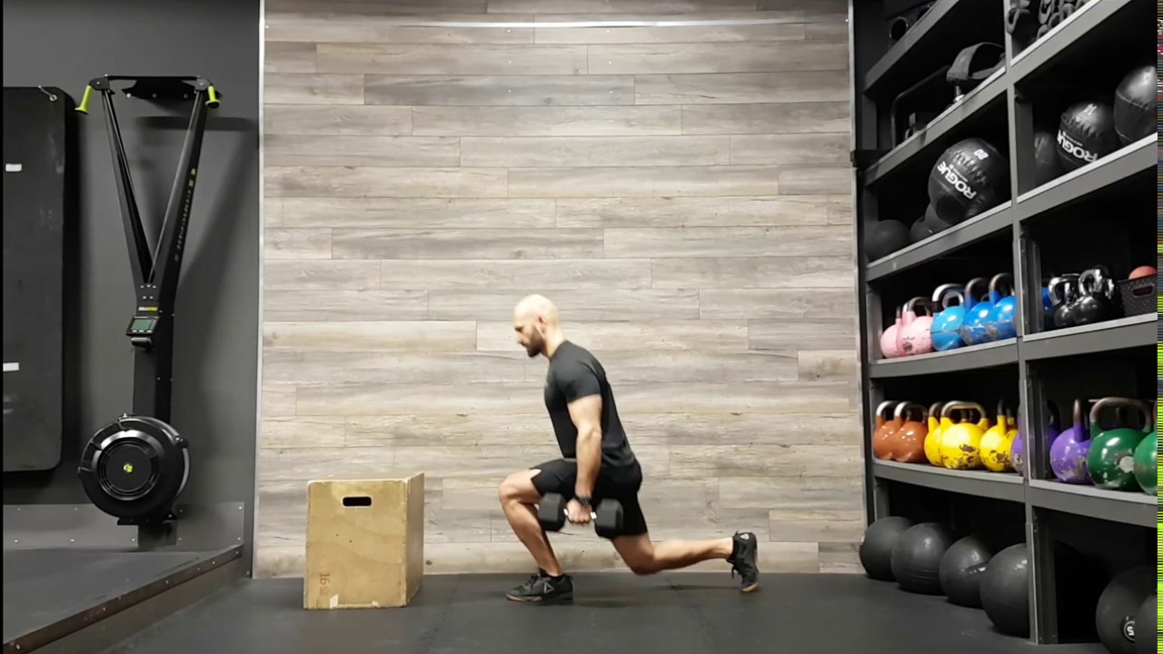 Dumbbell reverse lunge to box step up - YouTube