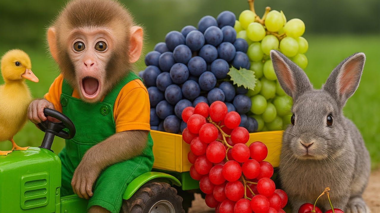 Mono CoCo baby disfruta de uvas coloridas en el jardín con el patito y ...