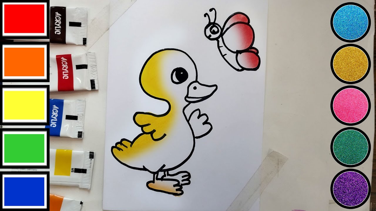 Little Duck with Butterfly Drawing & Coloring For Kids Toddlers_ Child ...